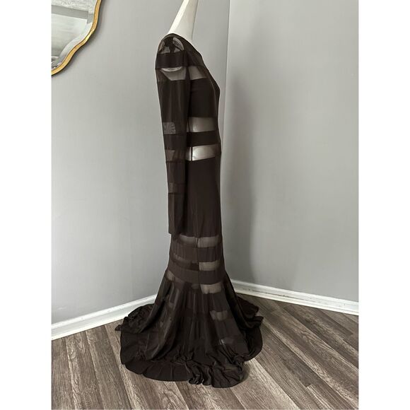 Norma Kamali | Dresses | Nwt Norma Kamali Long Sleeve Spliced Meshstriped Fishtail Gown ...